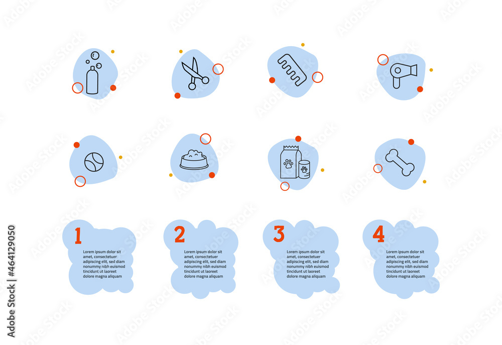 Vetor de Pet grooming icons set. Dog grooming icons. Steps number for ...