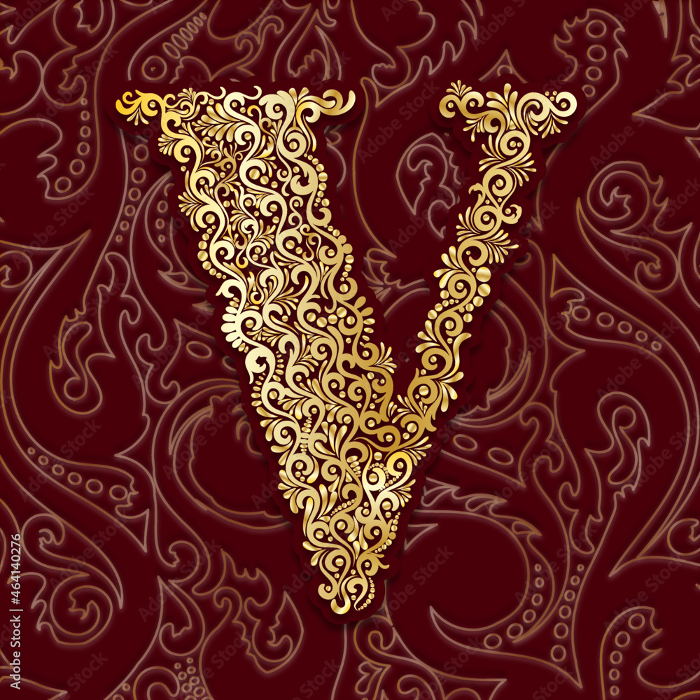 Poster Golden Decorative Filigree Scroll-work Alphabet Capital Letter V ...
