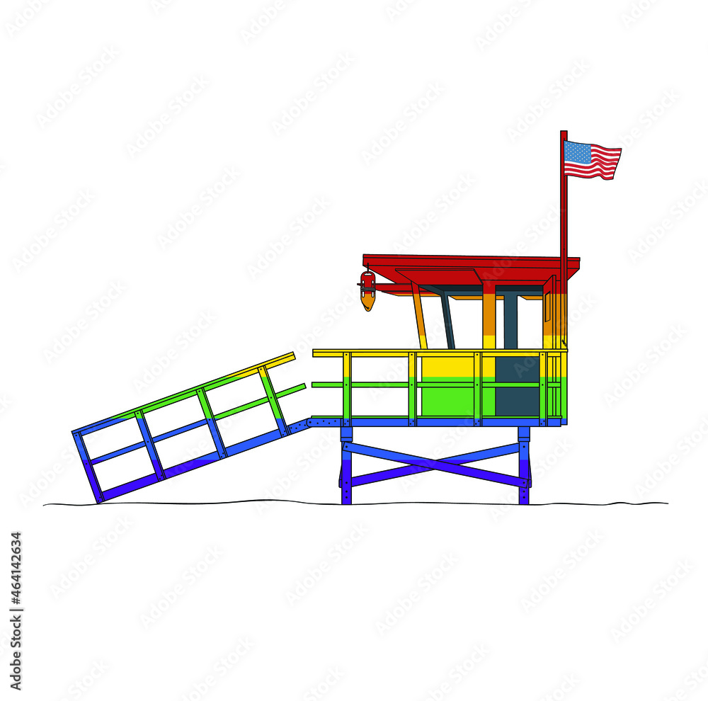 Colorful lifeguard tower on the beach. Santa Monica beach lifeguard ...