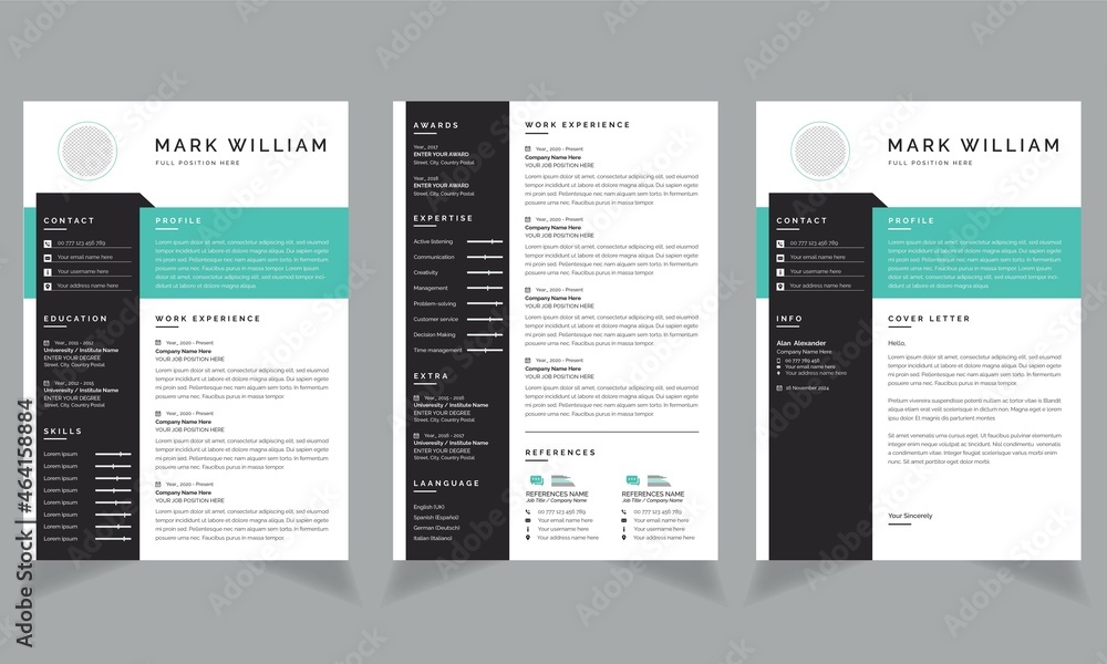 Resume and Cover Letter Layout with Black Sidebar 2 Page CV Template ...