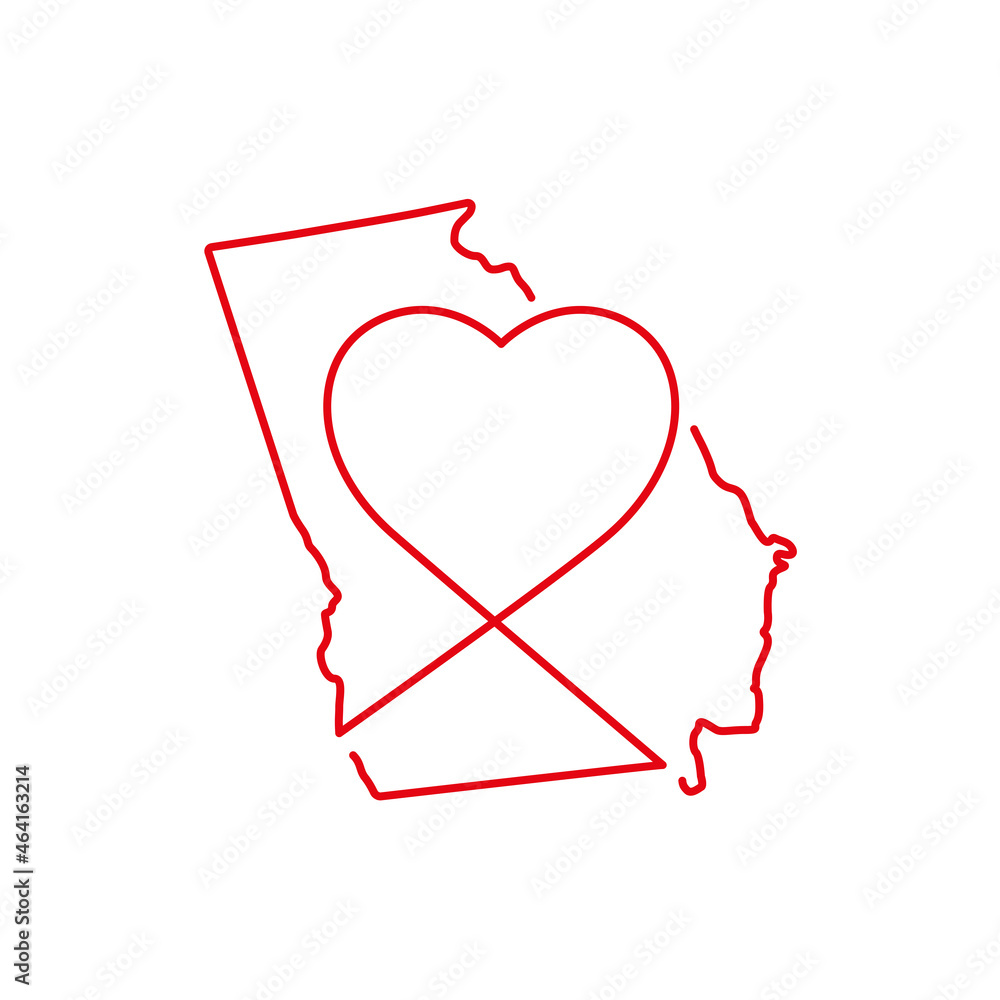 Georgia US state red outline map with the handwritten heart shape ...