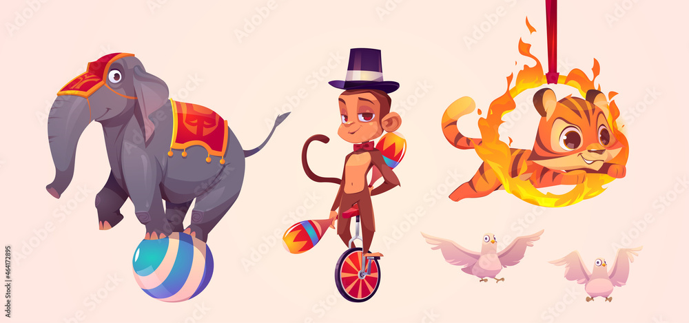 Cute circus animals, elephant standing on ball, monkey juggler, tiger ...