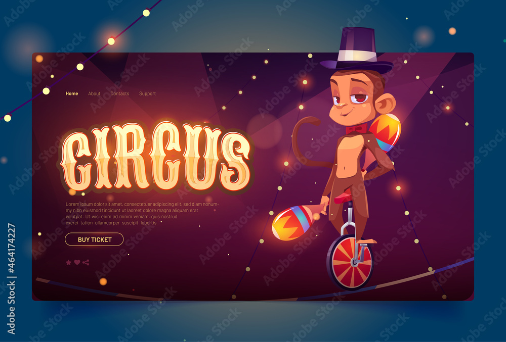 Circus banner with cute monkey juggler on monocycle. Vector landing ...