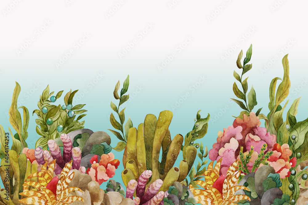 Background with seaweed, colorful polyps and sponges, underwater life ...