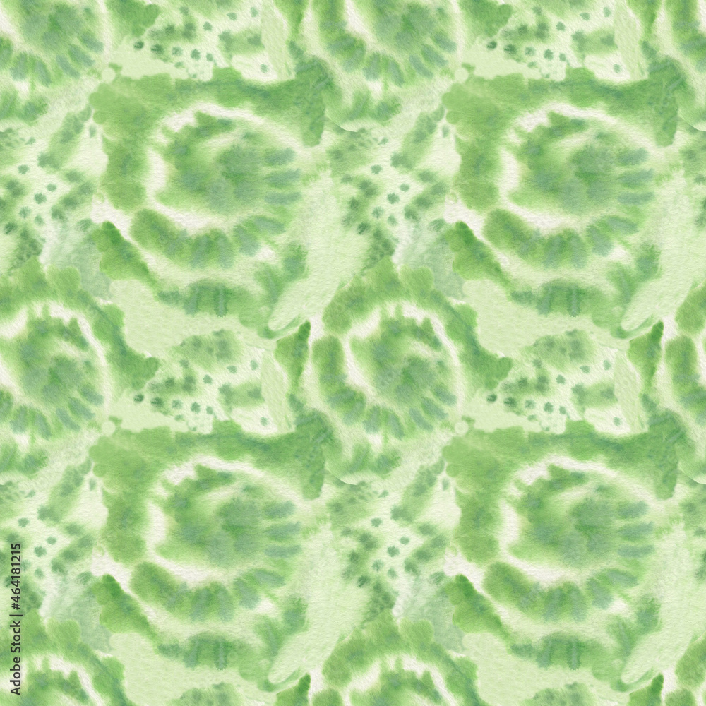 Watercolor seamless tie dye pattern in sage green color.Fabric texture,stains,blotches of paint ...