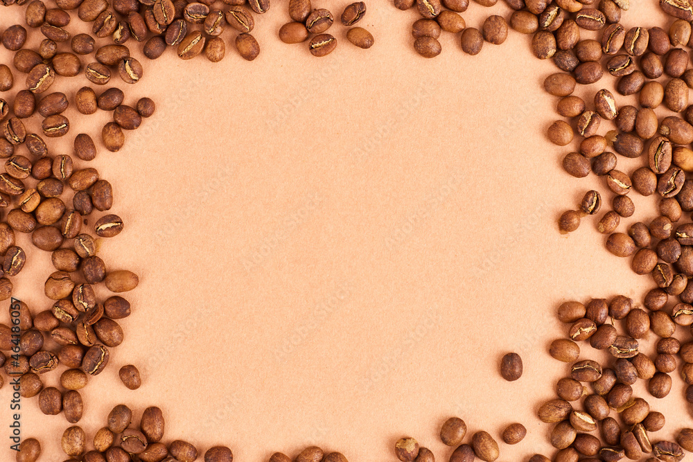 Coffee background. Frame with coffee beans on pastel background. Copy ...