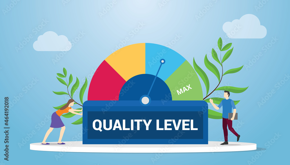 quality level concept with speed tracker speedometer with people team ...