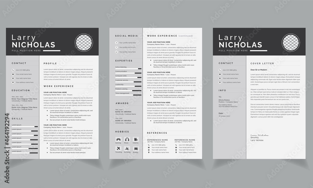 Professional Resume Layout, White Background Design Set 2 Page Resume ...