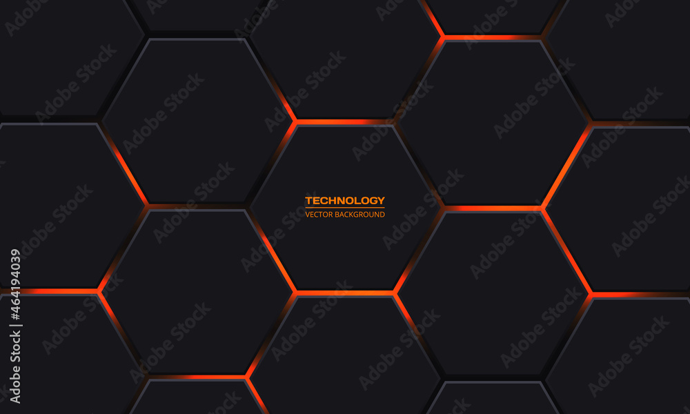 Dark gray hexagonal technology vector abstract background. Orange ...