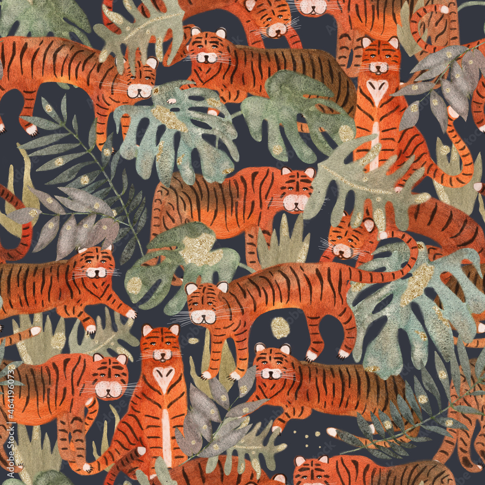 Ilustrace „Seamless pattern with tigers and tropical leaves in ...
