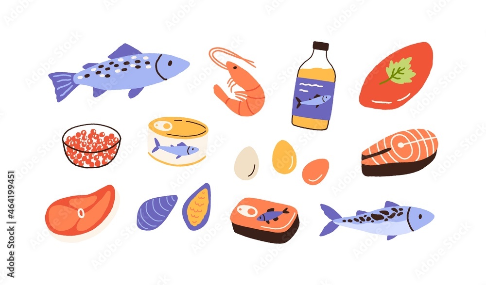 Healthy food set with seafood, fish, meat, eggs. Grocery collection ...