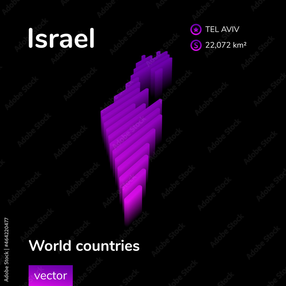 Vecteur Stock Stylized neon digital isometric striped vector Israel map ...