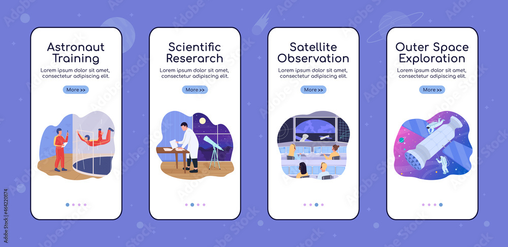 Outer space exploration onboarding mobile app screen flat vector ...