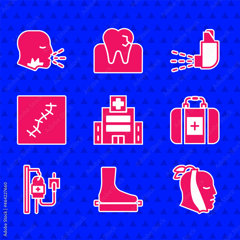 Set Medical hospital building, Flat foot, Toothache, First aid kit, IV ...