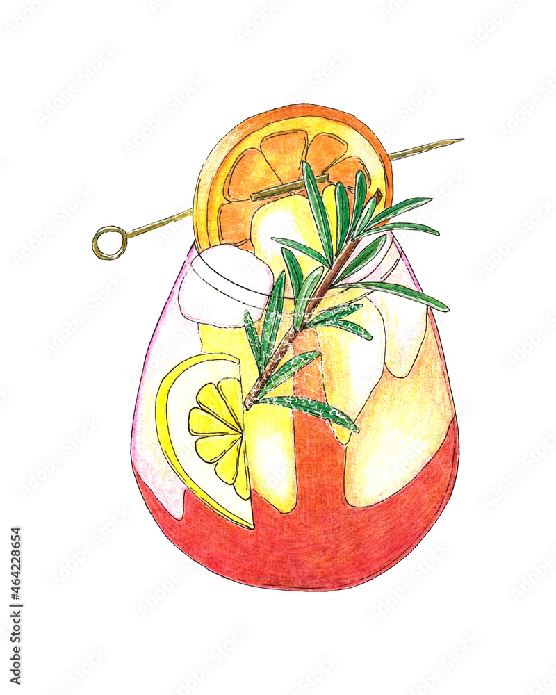 Classic Aperol Spritz cocktail party, handmade pencil sketch, isolated ...