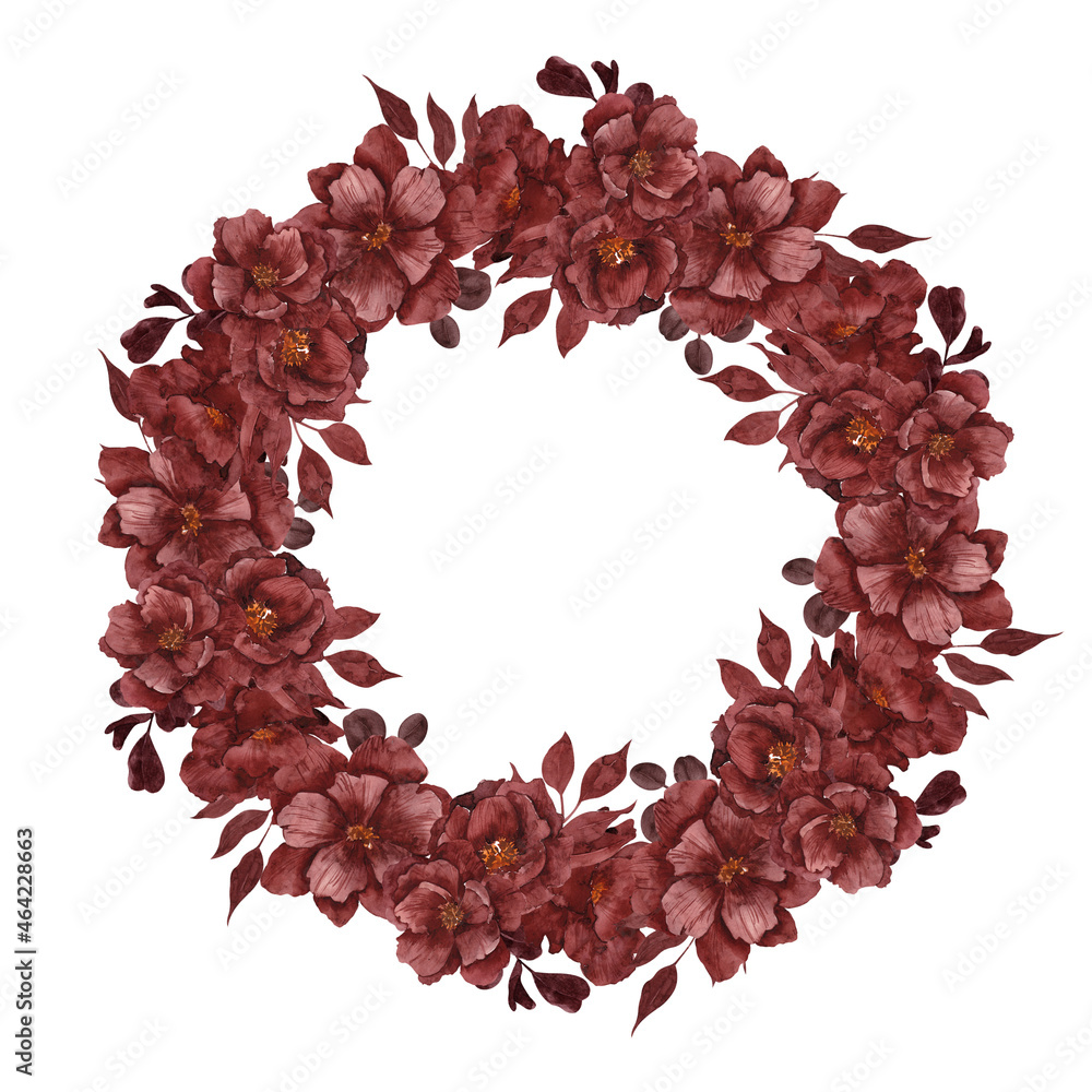 Watercolor wreath with burgundy flowers and fall leaves, isolated on ...