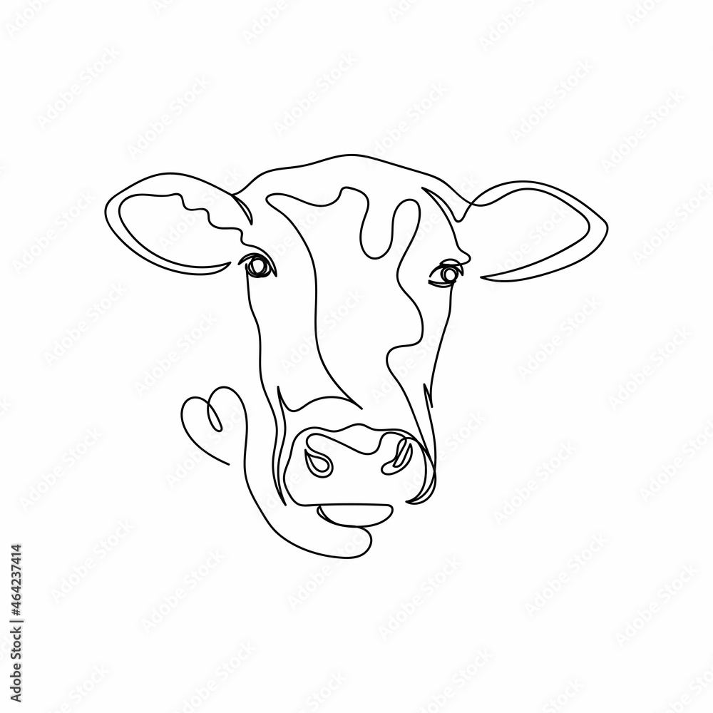 Vector continuous one single line drawing of cow farm head face logo ...