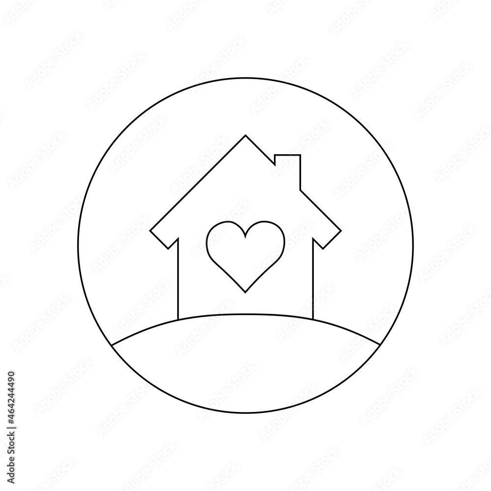 house icon with a heart inside in a round frame, black outline isolated ...