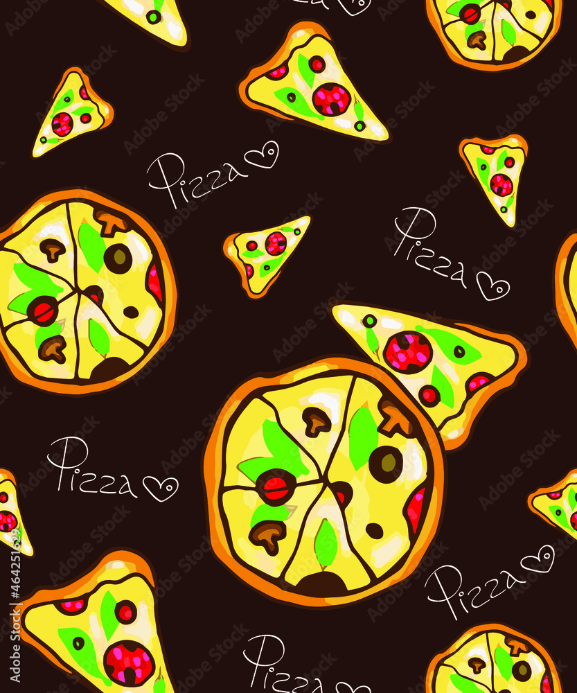 Color pattern with pizza and pizza slices with inscriptions on a dark ...
