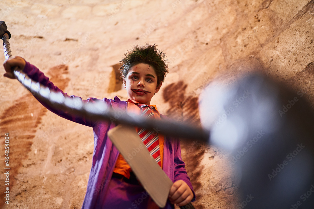 Boy in jester costume with cleaver on stairs of aged building Stock ...