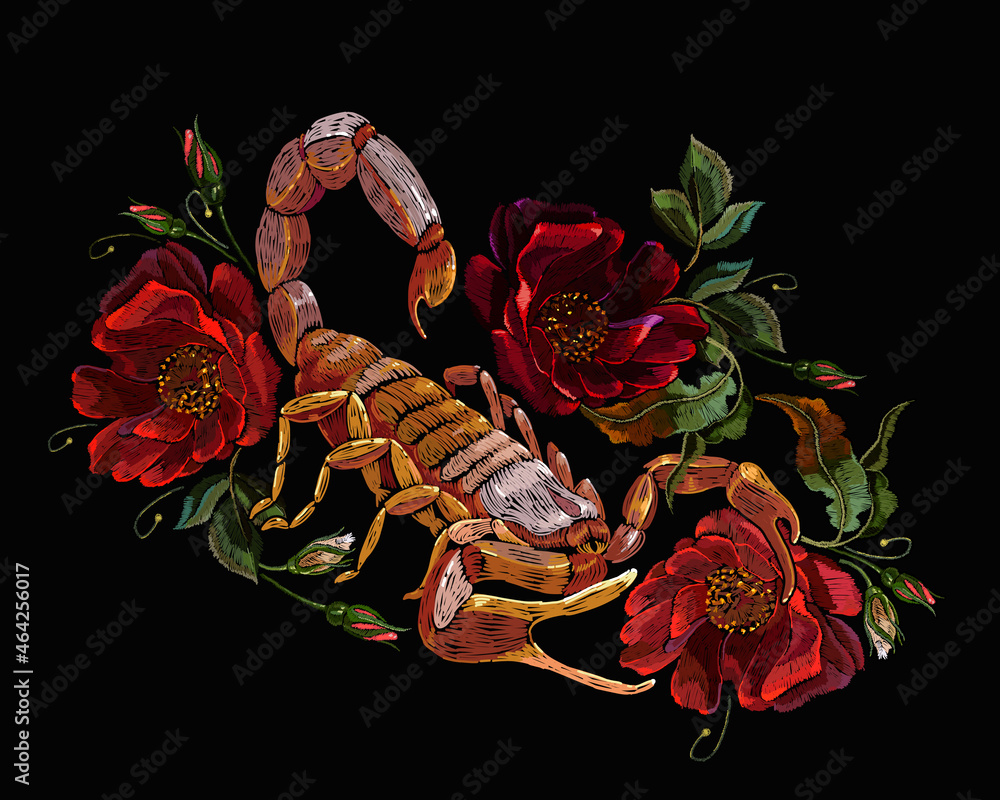 Scorpion and red roses flowers. Embroidery art. Gothic halloween style ...