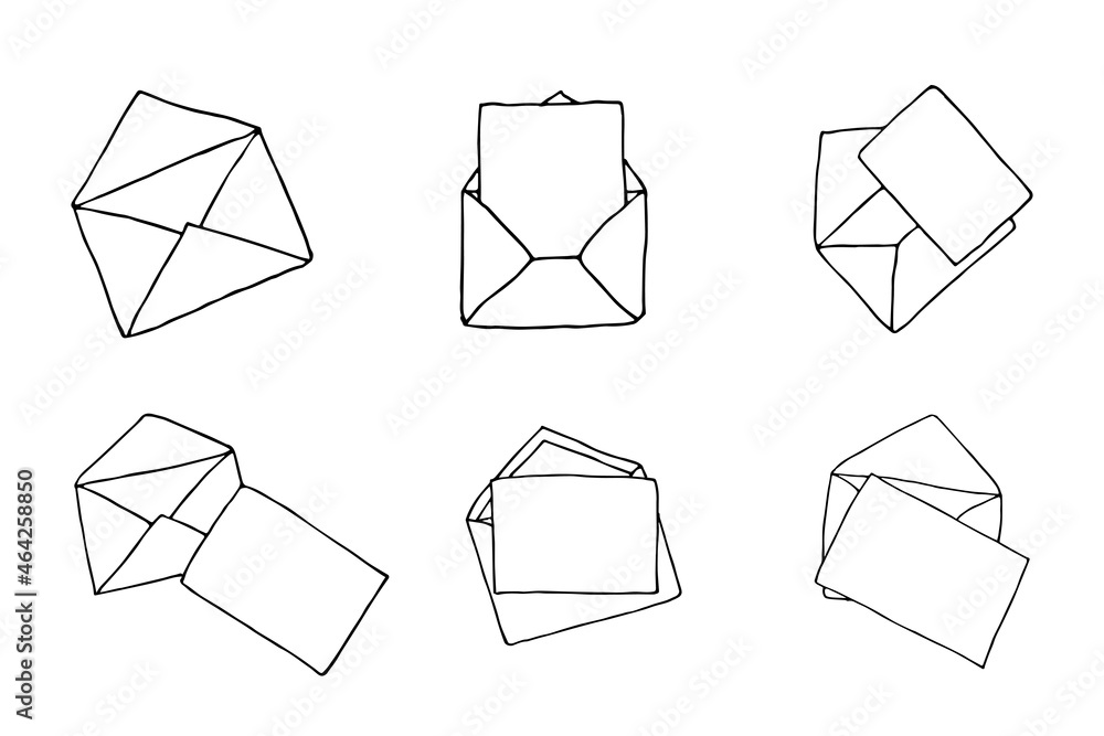 Mail icons collection, open envelopes, email symbol. Sketch letter set ...