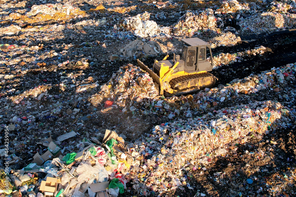 Landfill waste disposal. Garbage dump with waste plastic and ...