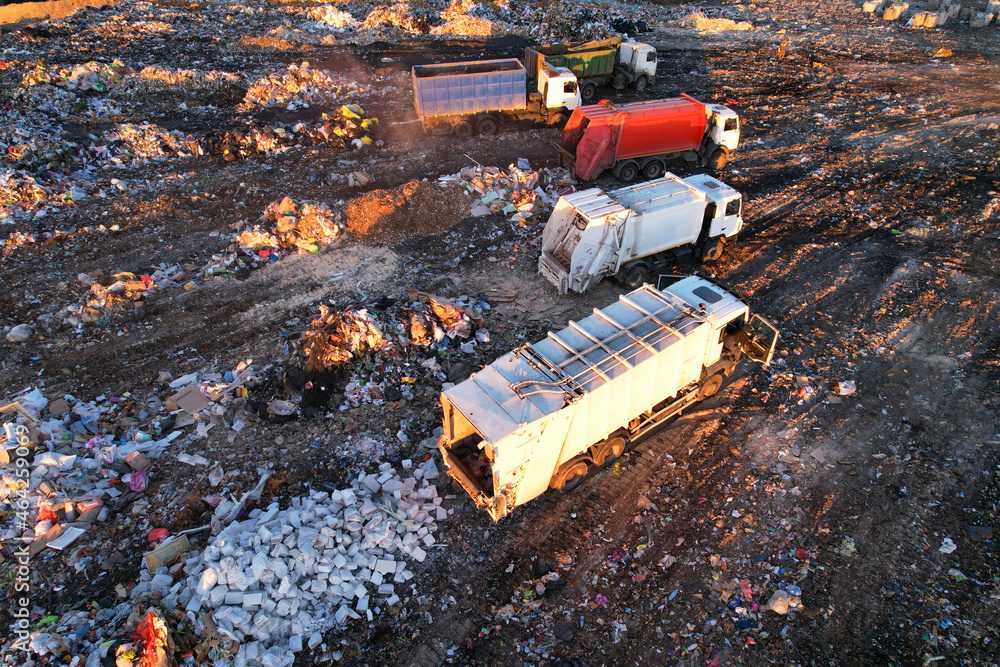 Landfill waste disposal. Garbage dump with waste plastic and ...