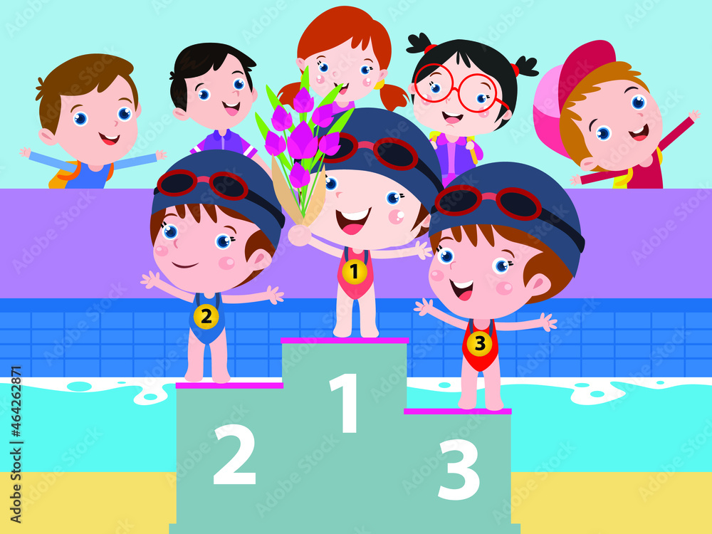 Swimming competition vector concept: Group of children doing swimming ...