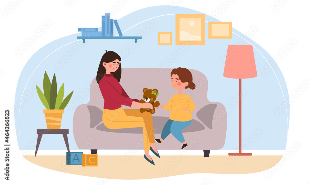 Mother comforting child. Happy family, parents play with children ...