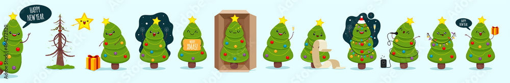 Mega Set of cute happy christmas trees with different emotions and face ...
