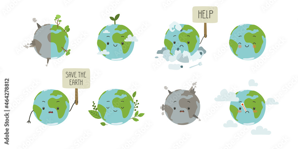 Fototapeta Planet earth ecology problem and conservation set. Cute ...
