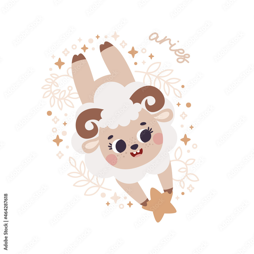 Baby Zodiac Sign Aries with leaves, branches, moon, rain, stars. Cute ...