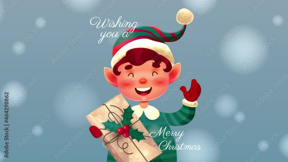 Christmas card concept. Realistic elf with gift moves and waves hand ...