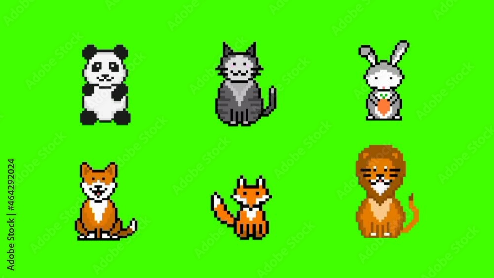 cute animal pixel animation 2d video set on green and white screen ...