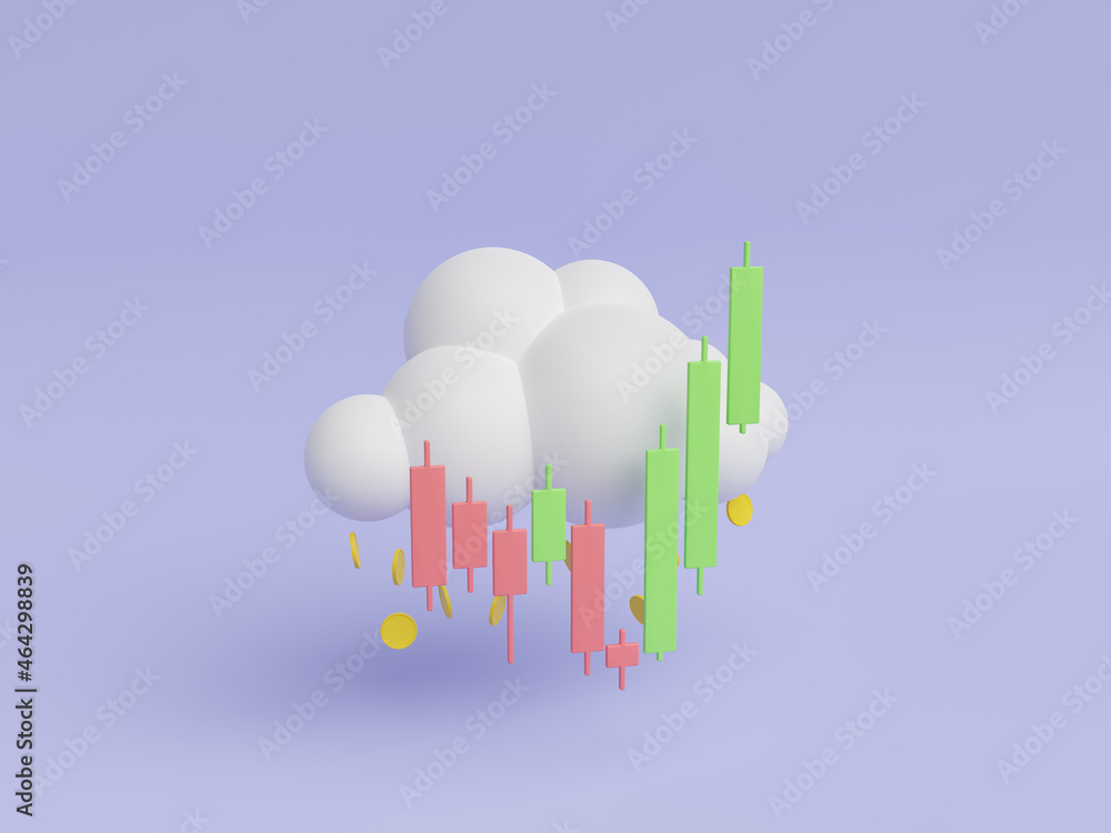rising candlestick chart with a cloud and falling coins Stock ...