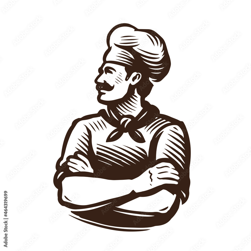 Chef with food tray logo, emblem. Vintage sketch vector illustration ...
