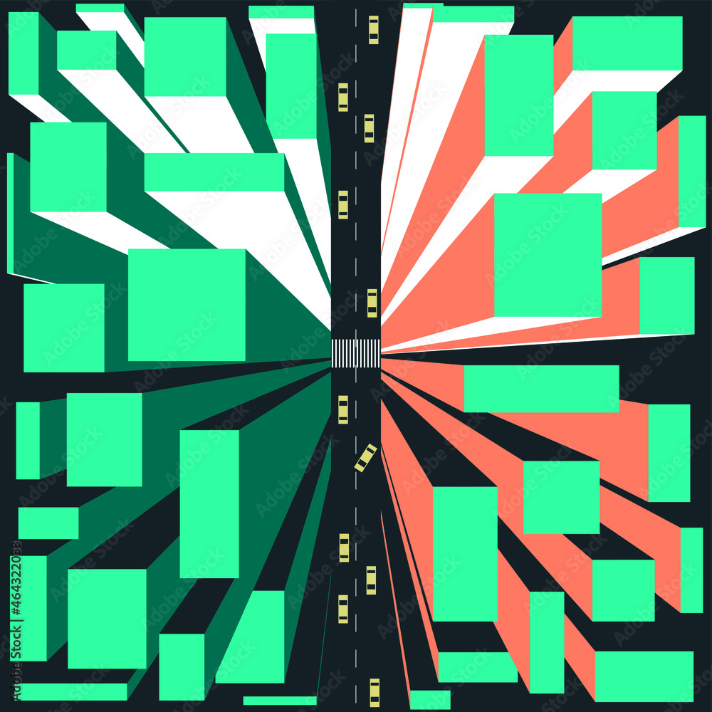 Abstract vector graphics - an overhead view of the roofs of skyscrapers ...