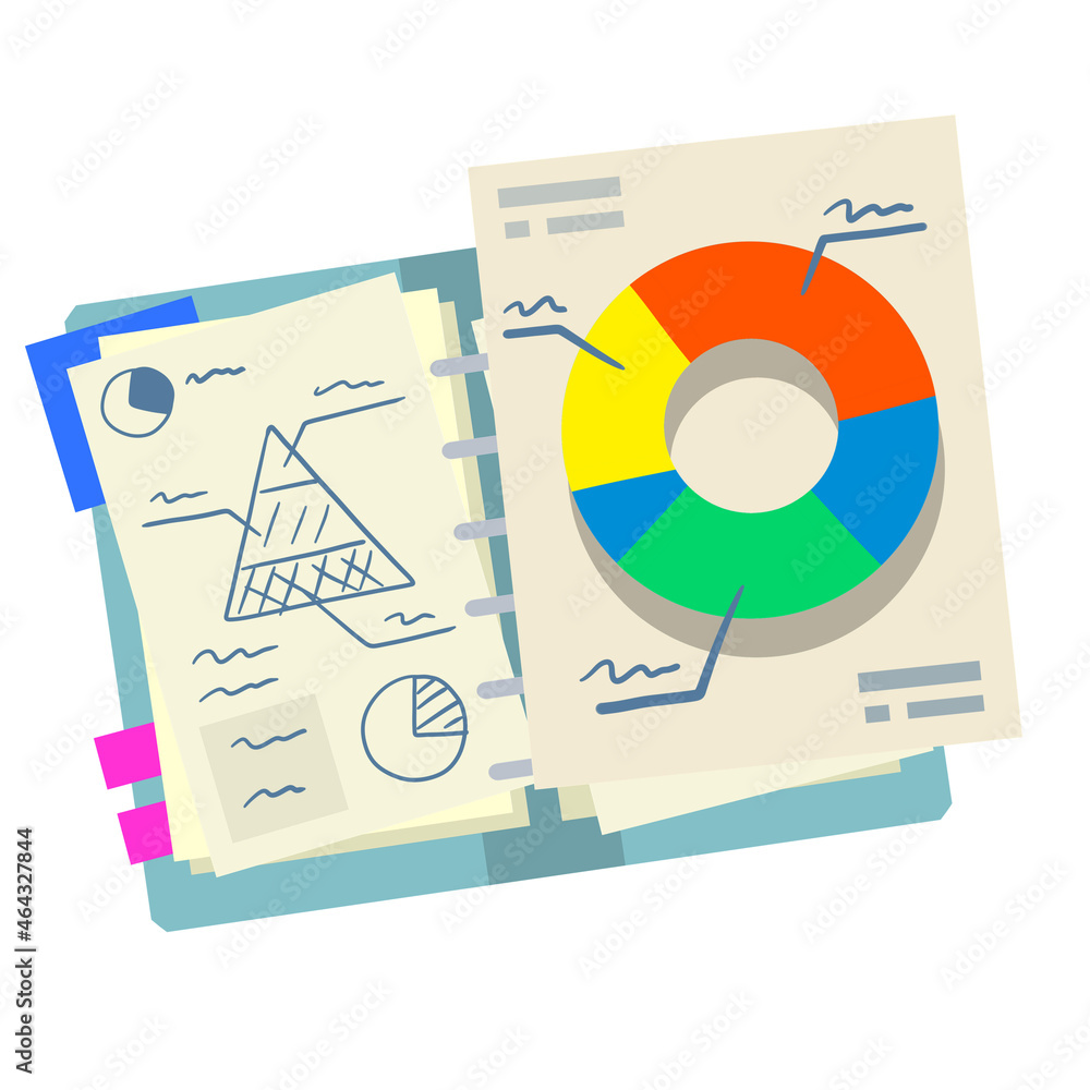 Business infographics on piece of paper. Open notepad. Pie graph in ...
