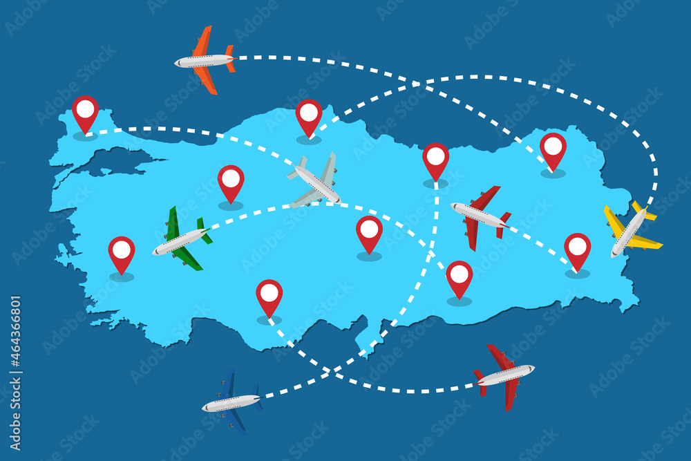 Planes routes flying over Turkey map, tourism and travel concept ...