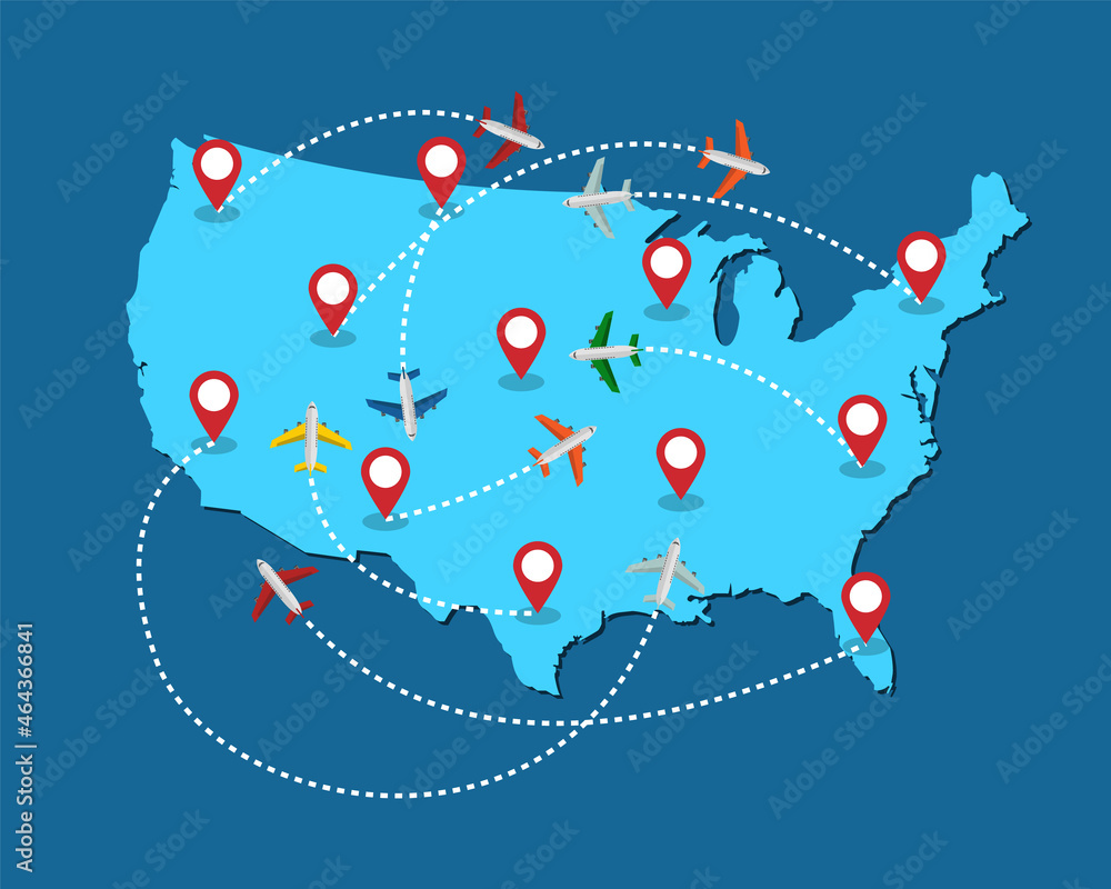 Planes routes flying over United States map, tourism and travel concept ...