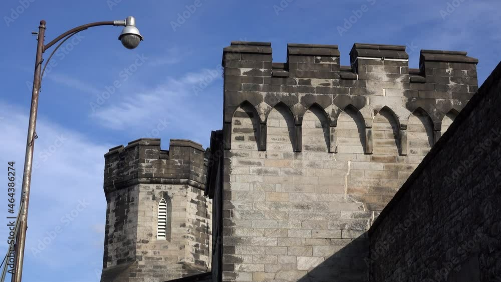 Medieval style towers and parapet at Eastern State Penitentiary. Stock ...