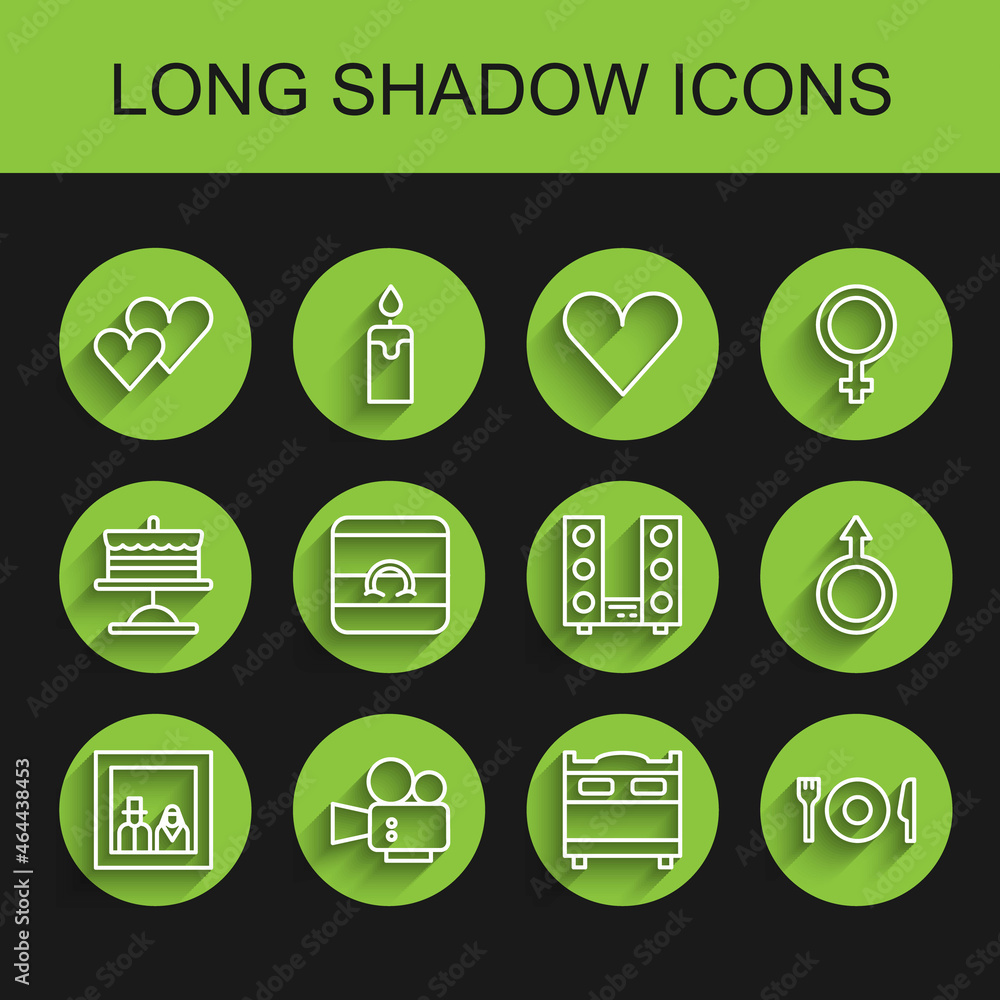 Set line Family photo, Cinema camera, Heart, Bedroom, Plate, fork and ...