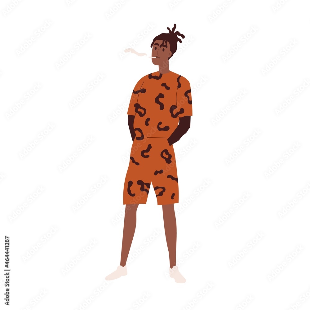 Black man smoking with cigarette in mouth. Modern African-American guy ...