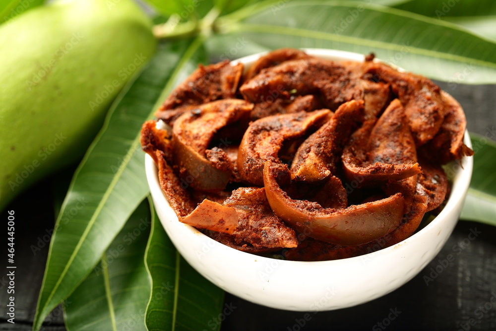 Homemade traditional dry mango pickle from Kerala, ada manga achar ...