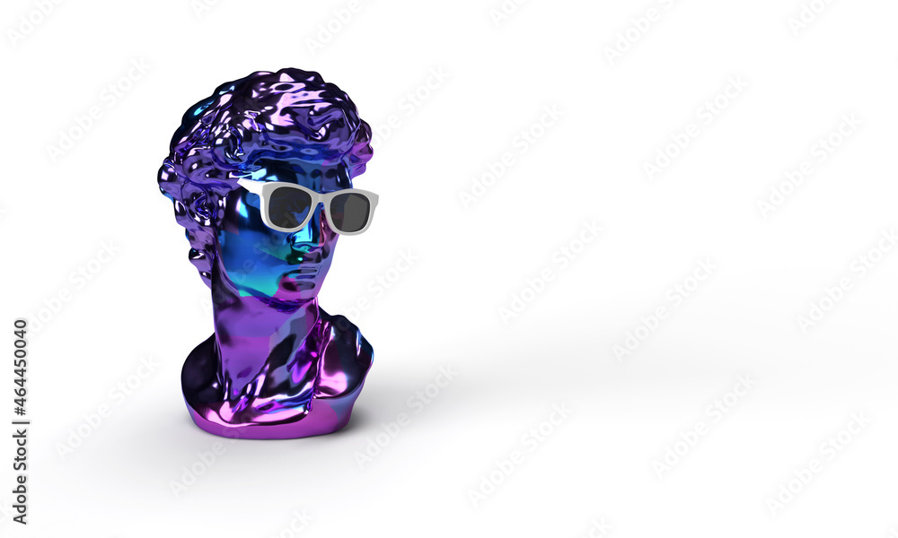 3d render David's head with glasses on the former backdrop, metal close ...