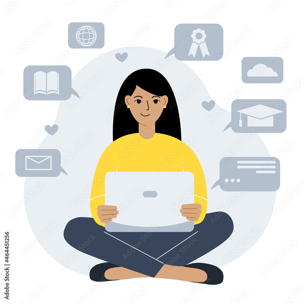 Online education, self-study concept. A woman sits with a laptop on her ...