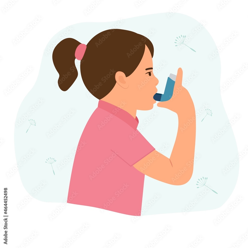 Little girl uses an asthma inhaler against attack. World asthma day ...
