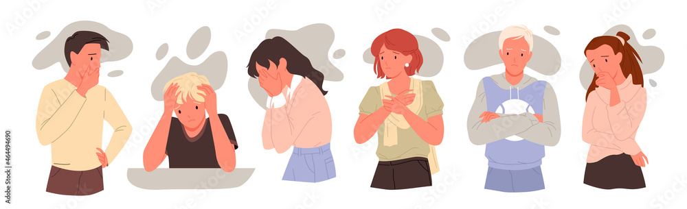 Cartoon unhappy depressed male female teen character with despair ...