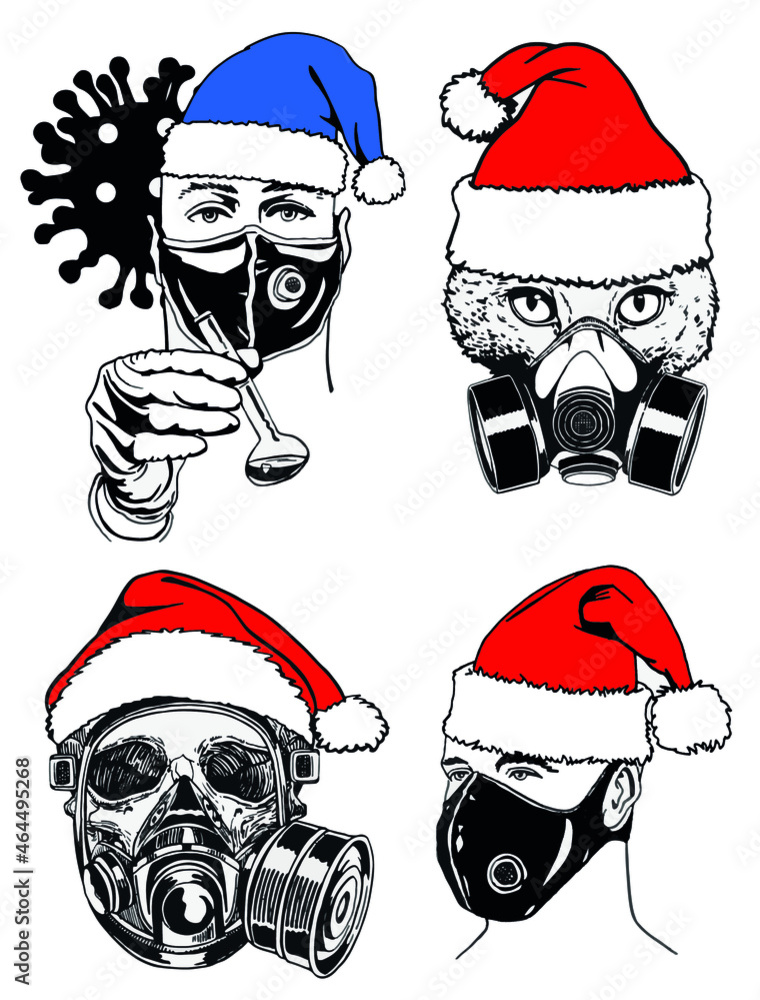 Graphical set of elements in Santa Claus hats and protective masks ...